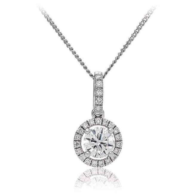 Diamond Halo Pendant 0.65ct, 18k White Gold